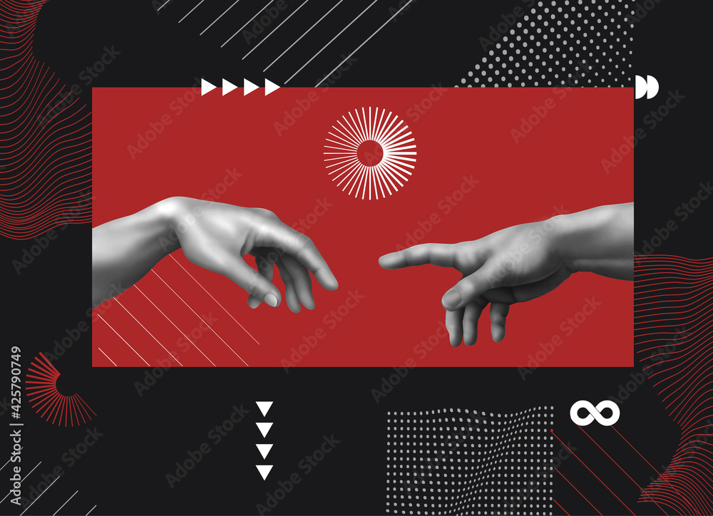 Creation of Adam. Colorful contemporary art collage. Memphis style ...