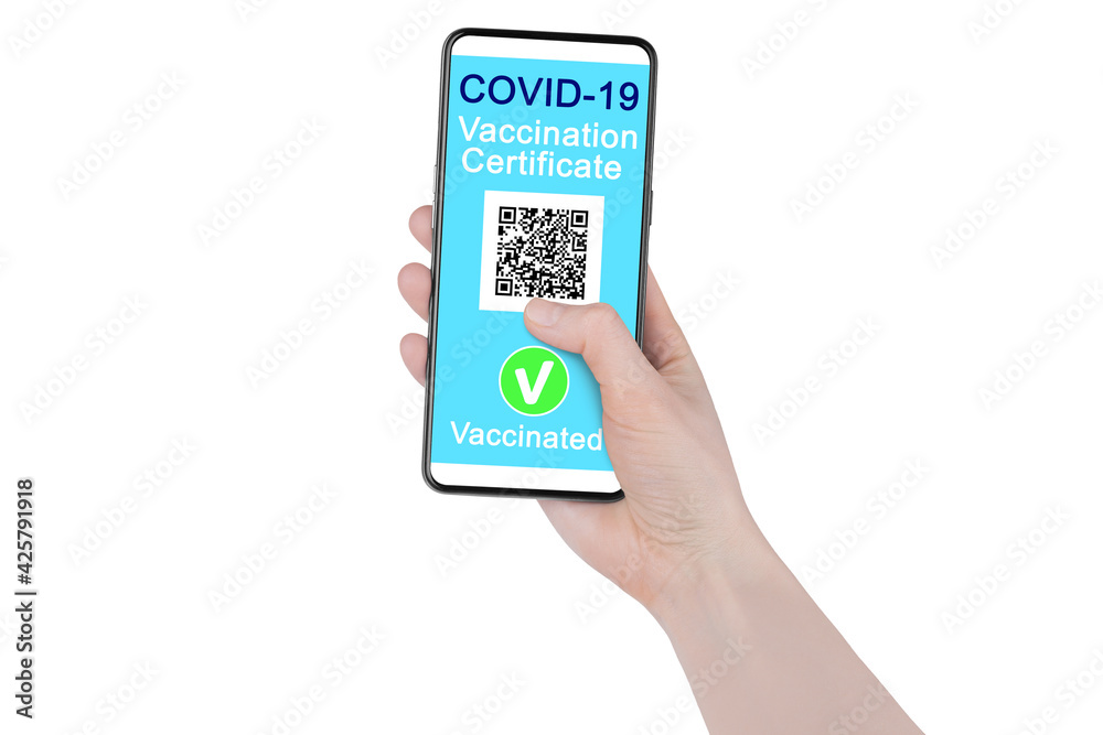 Coronavirus vaccination certificate smartphone screen human hand white ...