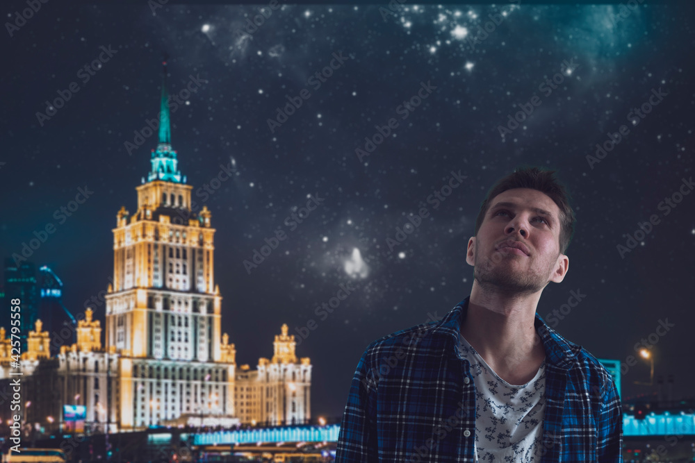 man watching the night sky, looking up, stars of milky way galaxy ...