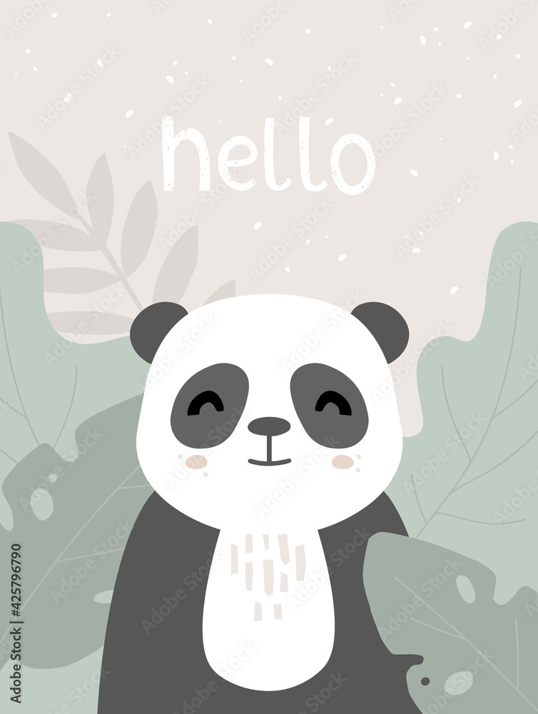 Cute panda in the background of the jungle. Tropical plants and wild ...