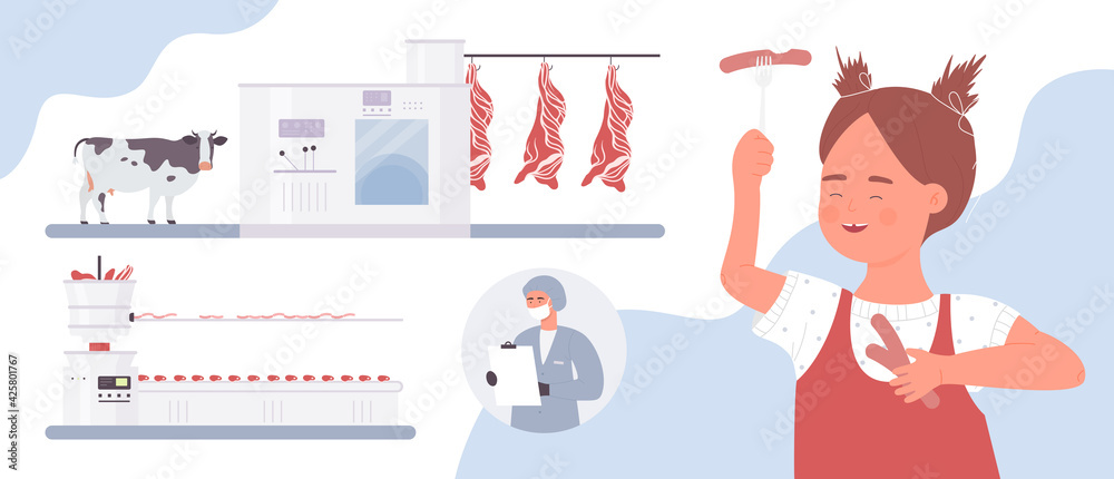 Meat sausages food industry, production process vector illustration ...