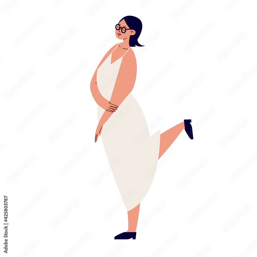 Cartoon modest woman dancing. A young pretty girl in a white long dress ...