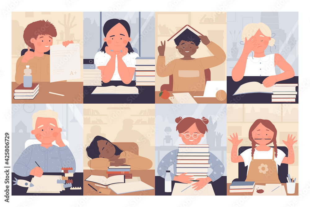 Kids pupils of primary school study, education vector illustration set ...