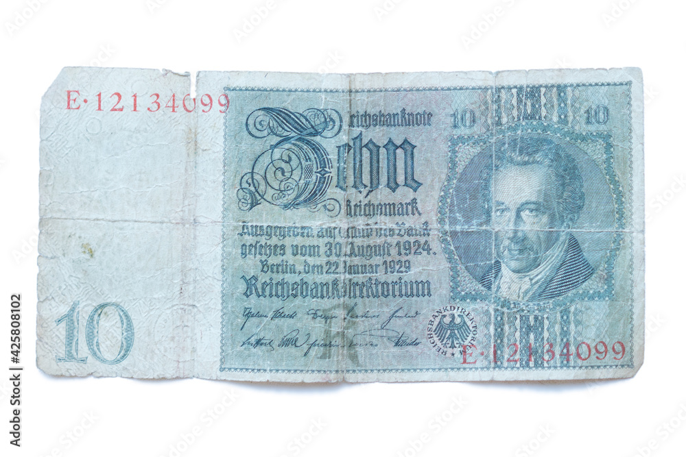 German Banknote of 10 Reichsmark 1929 isolated on a white background ...