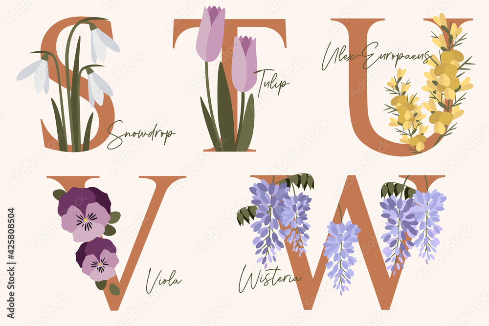Hand Drawn floral alphabet with spring flowers in pastel colors.Letters ...