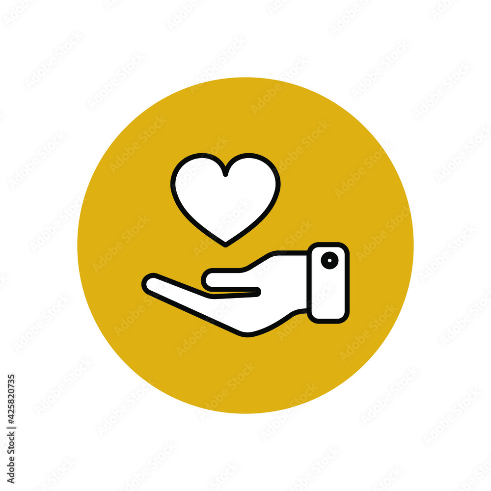 Give love. Heart icon in hand in a yellow circle. A symbol of love ...