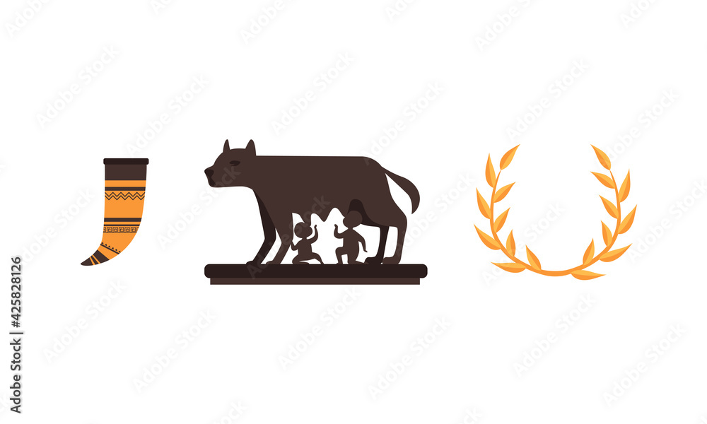 Set of Ancient Rome Empire Symbols, Capitol Wolf, Animal Horn for Wine ...