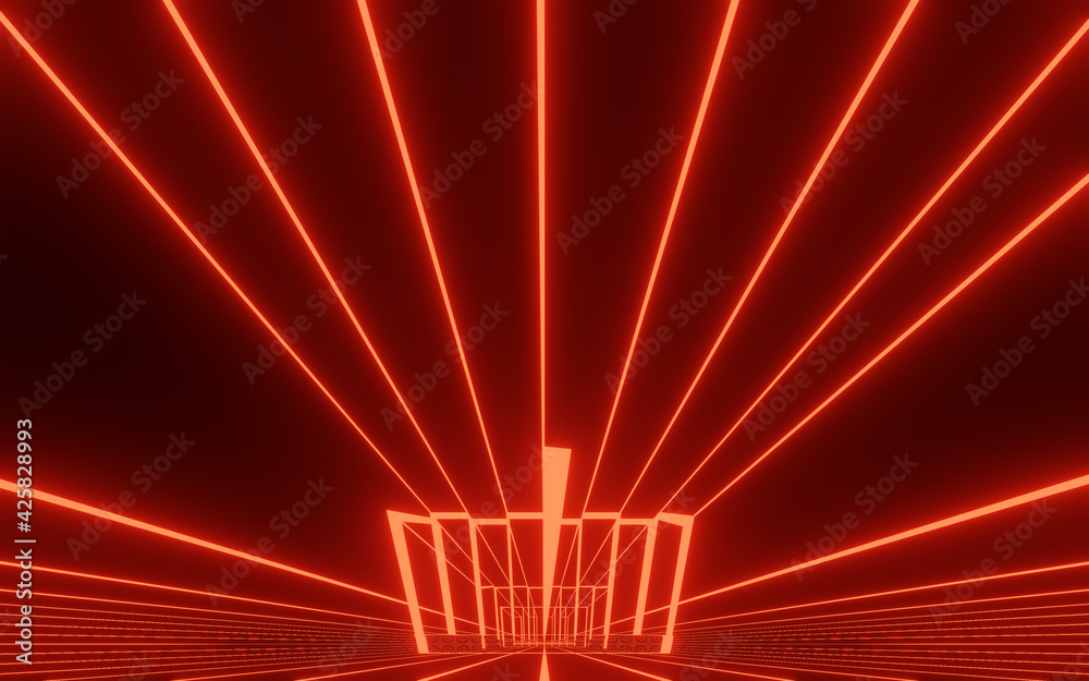 Abstract Background 3D rendering Red tron with stripes of neon lights ...