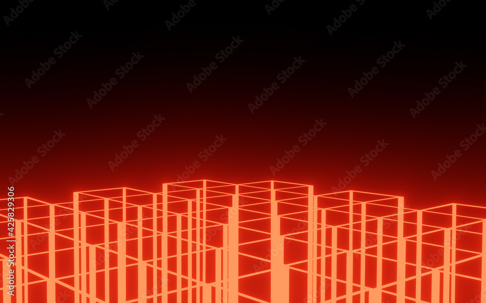 Abstract Background 3D rendering Red tron with stripes of neon lights ...