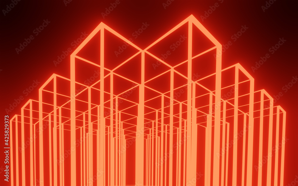 Abstract Background 3D rendering Red tron with stripes of neon lights ...