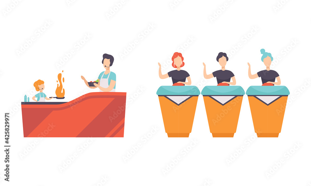 People Taking Part on TV Show Set, TV presenter and Boy Cooking on ...