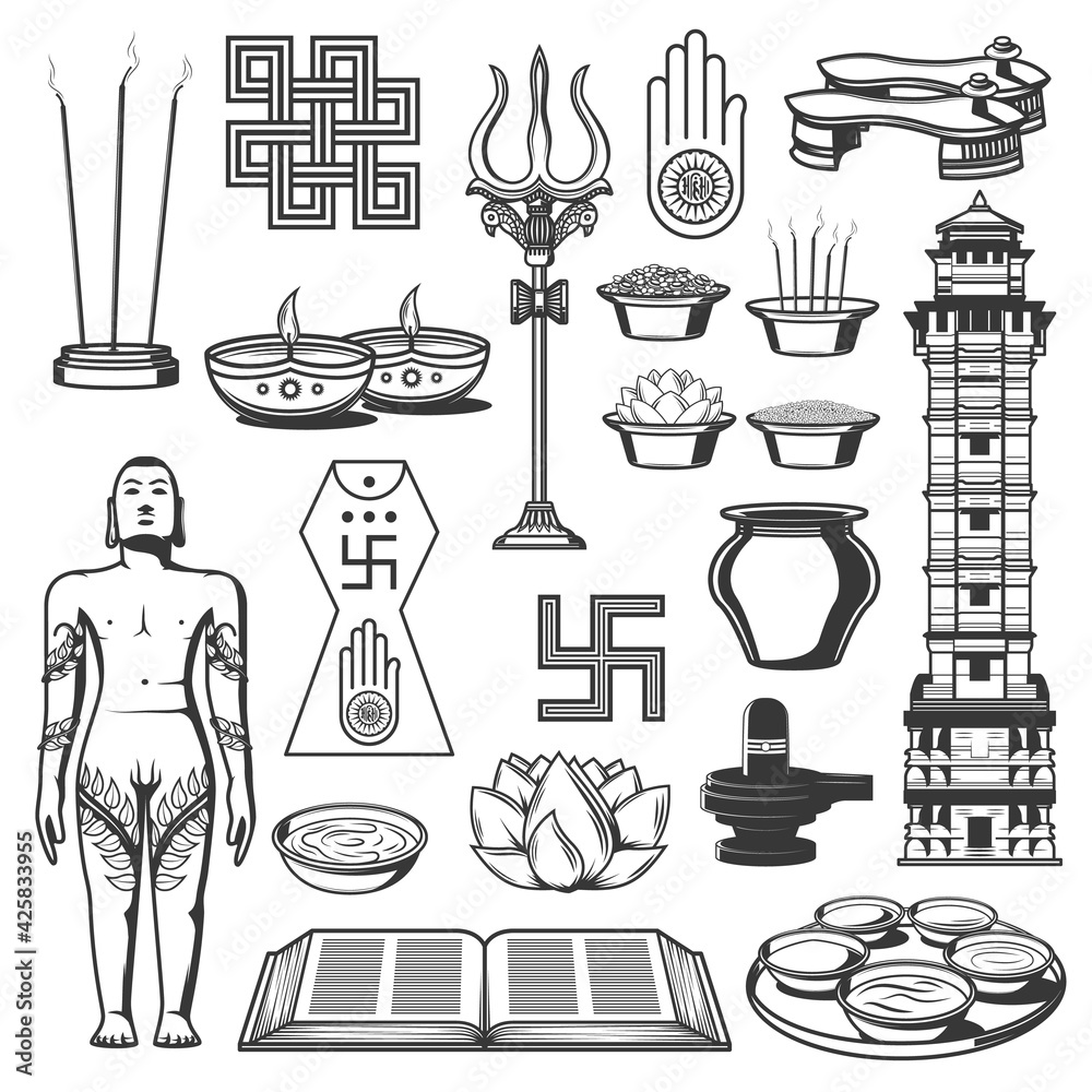 Jainism religion vector icons with Indian Jain Dharma religious symbols ... Jainism religion vector icons with Indian Jain Dharma religious symbols ...