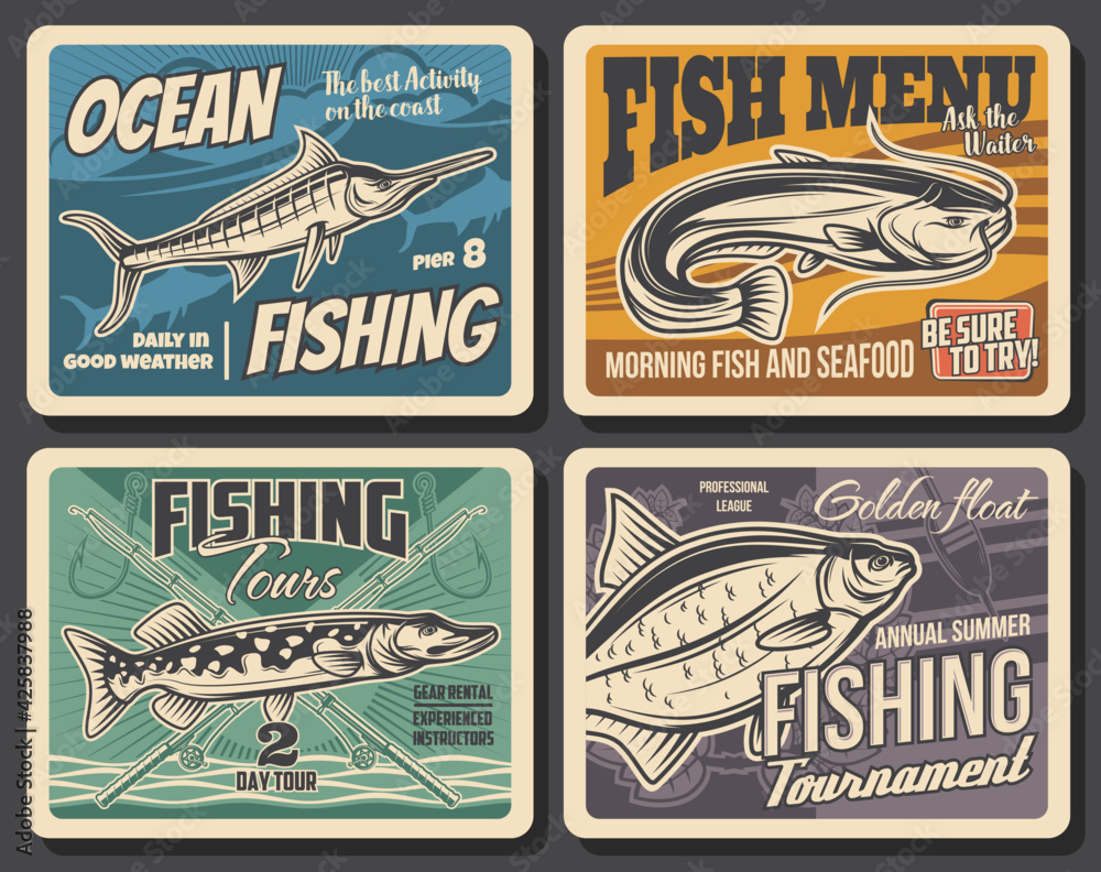Fishing sport tackle, fish and seafood vector posters of fisherman ...