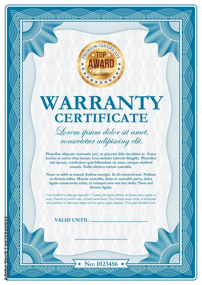 Warranty certificate with guilloches, vector wavy ornamental border ...