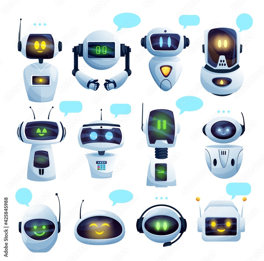 Chat bot or chatbot robot cartoon characters with vector speech bubbles ...