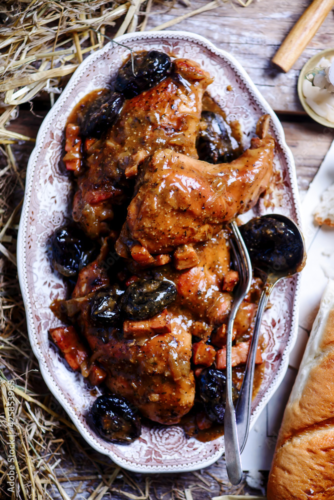 Belgian rabbit stew with ale and prune.style rustic Stock Photo | Adobe ...