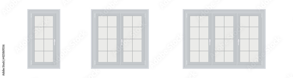 Windows with white frames set vector illustration. Various types ...