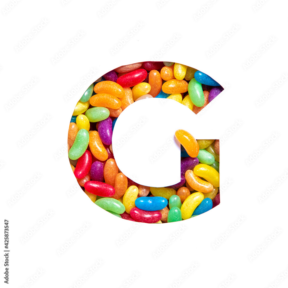 Letter G of alphabet made of colourful jelly beans glucose candies and ...