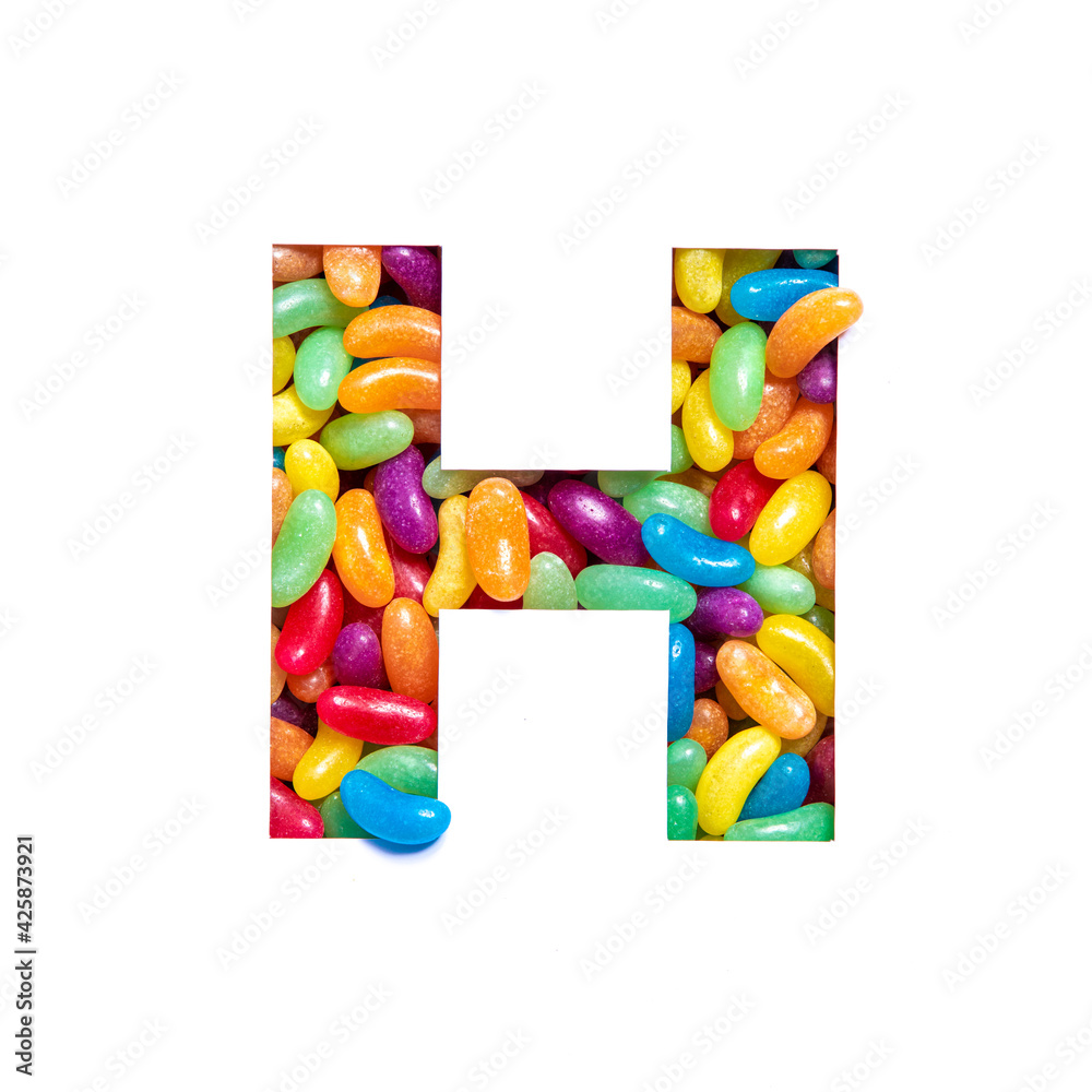 Letter H of alphabet of colourful rainbow jelly beans glucose candies ...