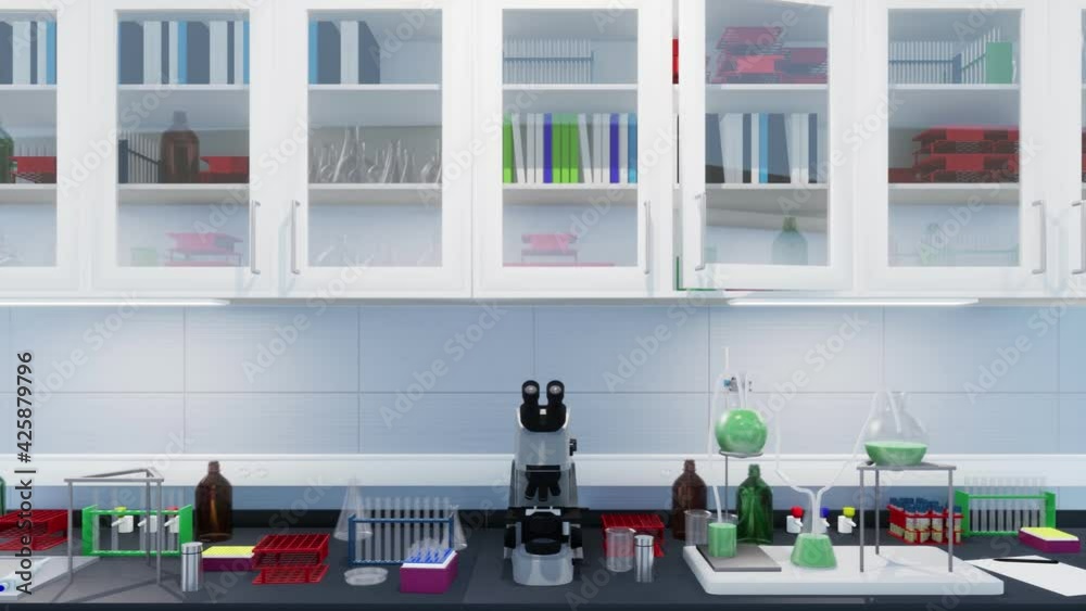 Scientific research lab workplace table with microscope, glass test ...