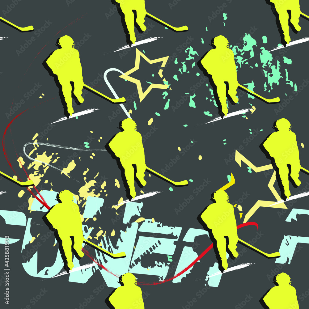 Seamless hockey pattern. Vector elements of hockey stick, stars, player ...