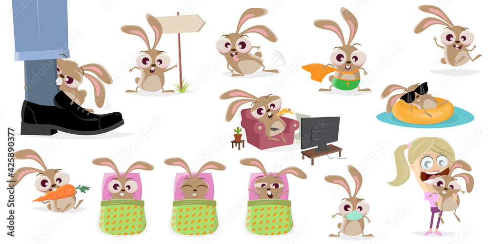 large cartoon collection of a crazy rabbit Stock Vector | Adobe Stock