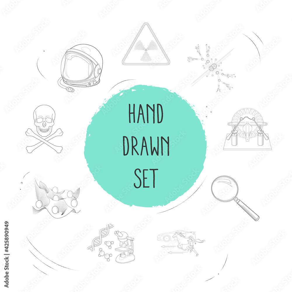 Set of science icons line style symbols with danger, condensed matter ...