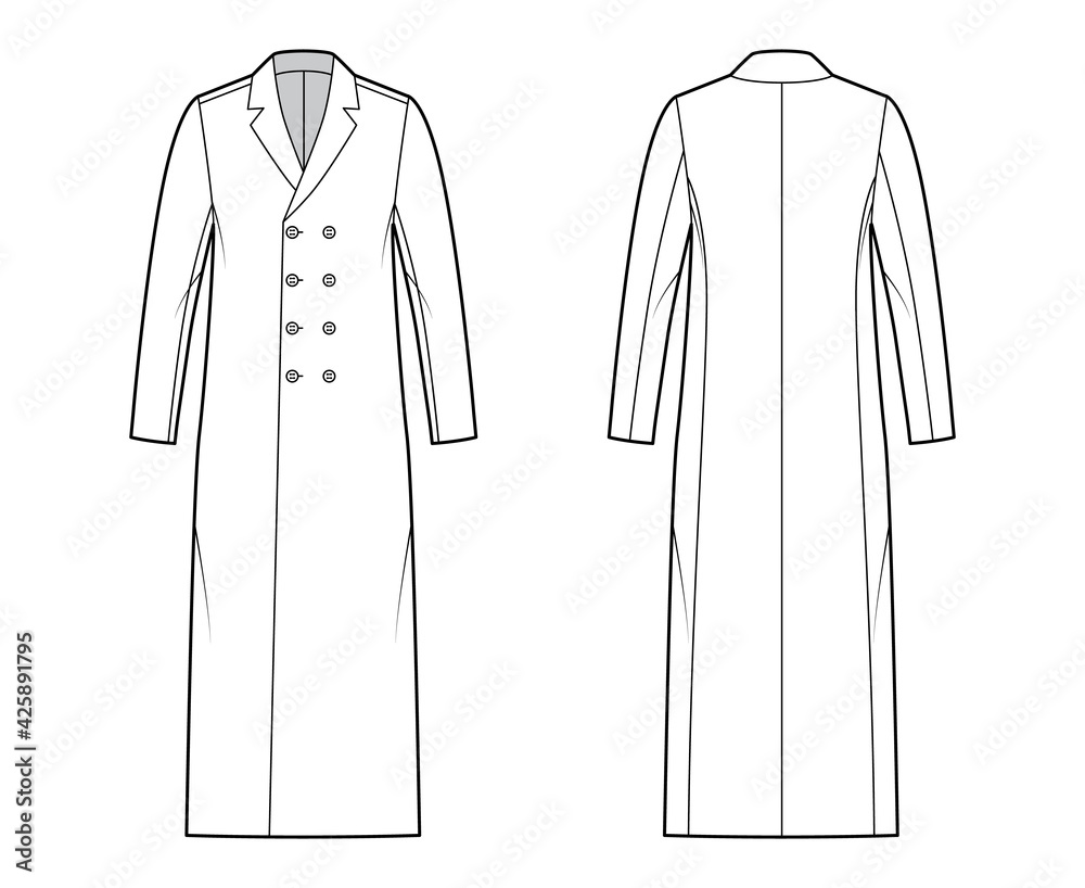 Classic coat technical fashion illustration with midi length, notched ...