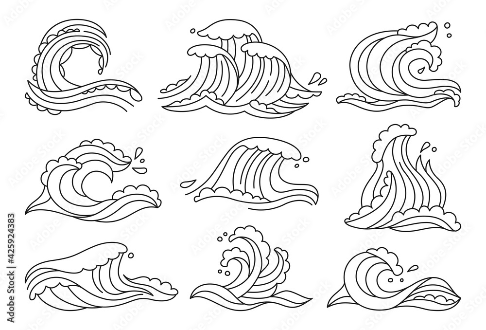 Sea waves doodle set. Ocean water wave hand drawn design element ...