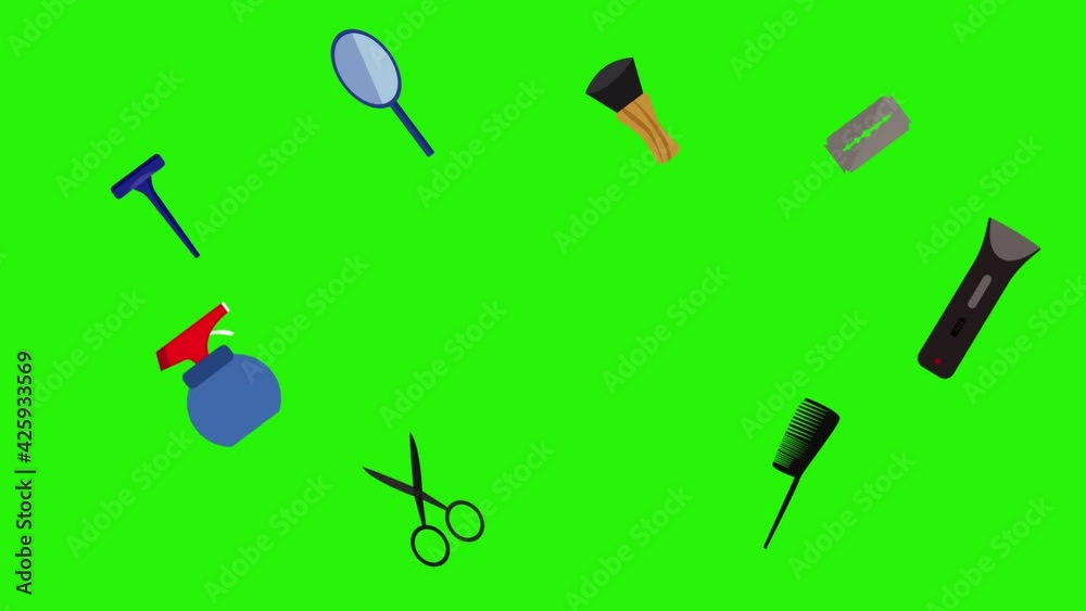 Barber shop tools flat elements animation on green screen chroma key ...