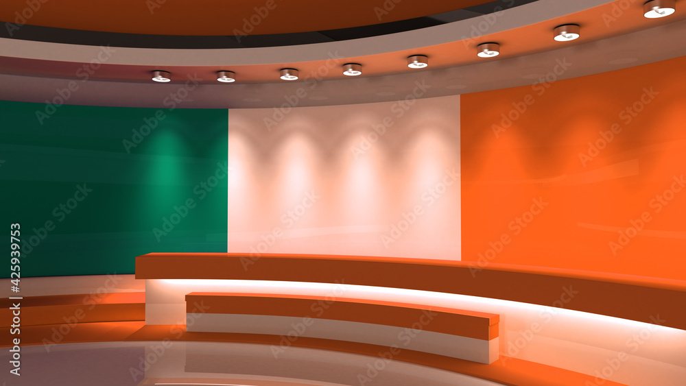 Ireland flag studio. Ireland flag background. TV studio.. News studio ...