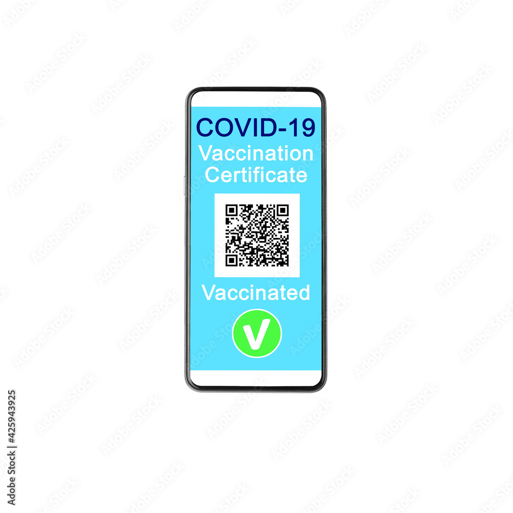 COVID 19 vaccination certificate smartphone screen white background ...