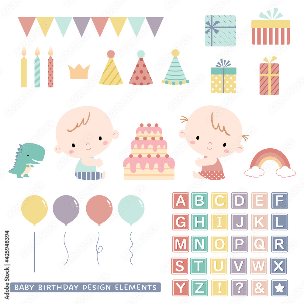 Collection of baby birthday design elements. Cute vector illustrations ...