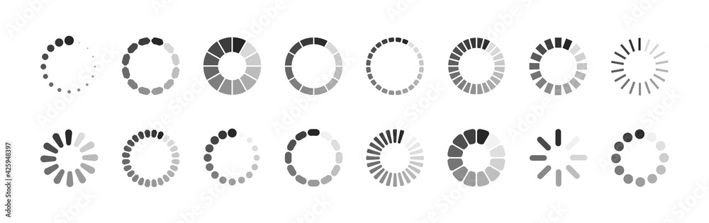 Set of round loading icons. Progress load icons for UI design. Vector interface elements. Stock ...