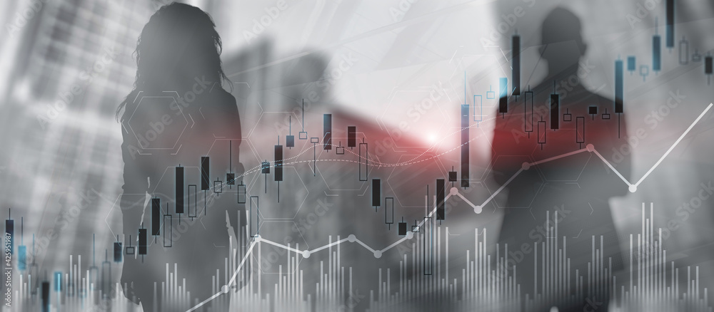 Trading candlestick chart and diagrams on blurred office center ...