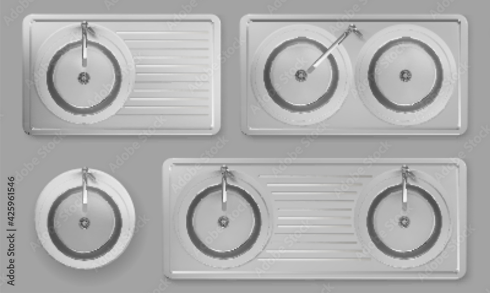 Stainless kitchen sinks with taps in top view. Vector realistic set of ...
