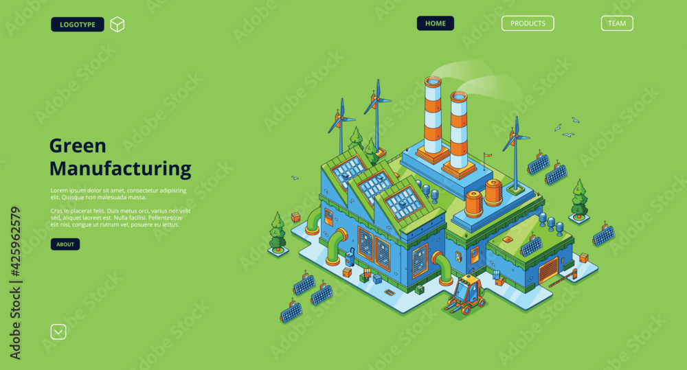 Green manufacturing banner. Modern industry building with renewable ...