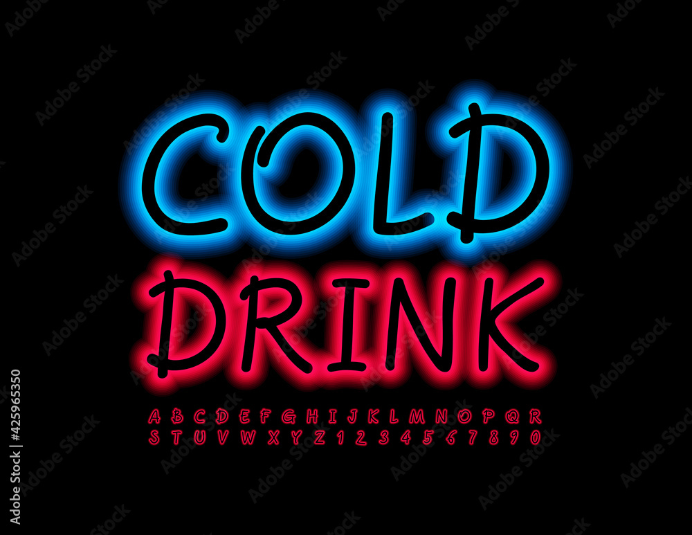 Vector bright banner Cold Drink. Handwritten creative Font. Red Neon ...