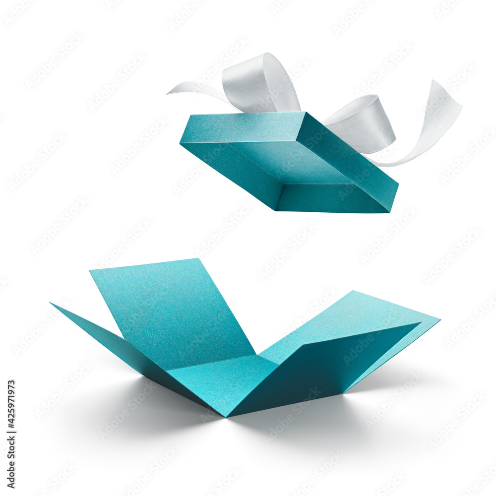 Surprise gift box, turquoise color open gift box with ribbon isolated ...