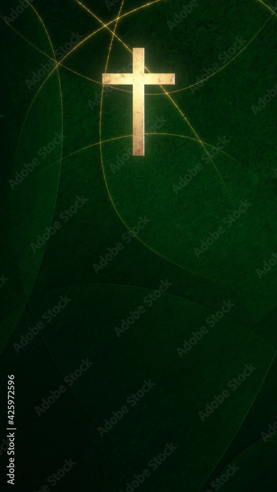 Golden Christian Cross on liturgic vertical green copy space banner ...