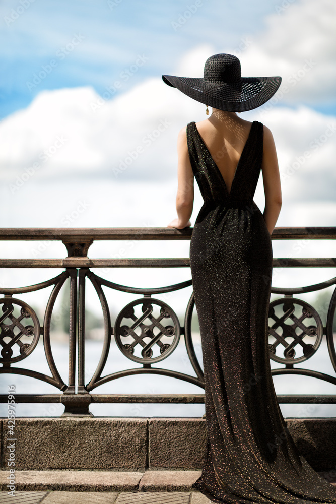 Woman Back Side View in Hat and Evening Dress Outdoor. Fashion Model ...