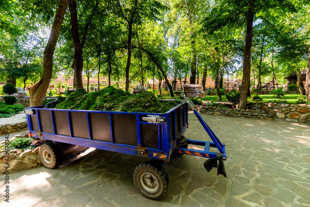 Blue modern trailer for a tractor with grass and ground in a botanical ...