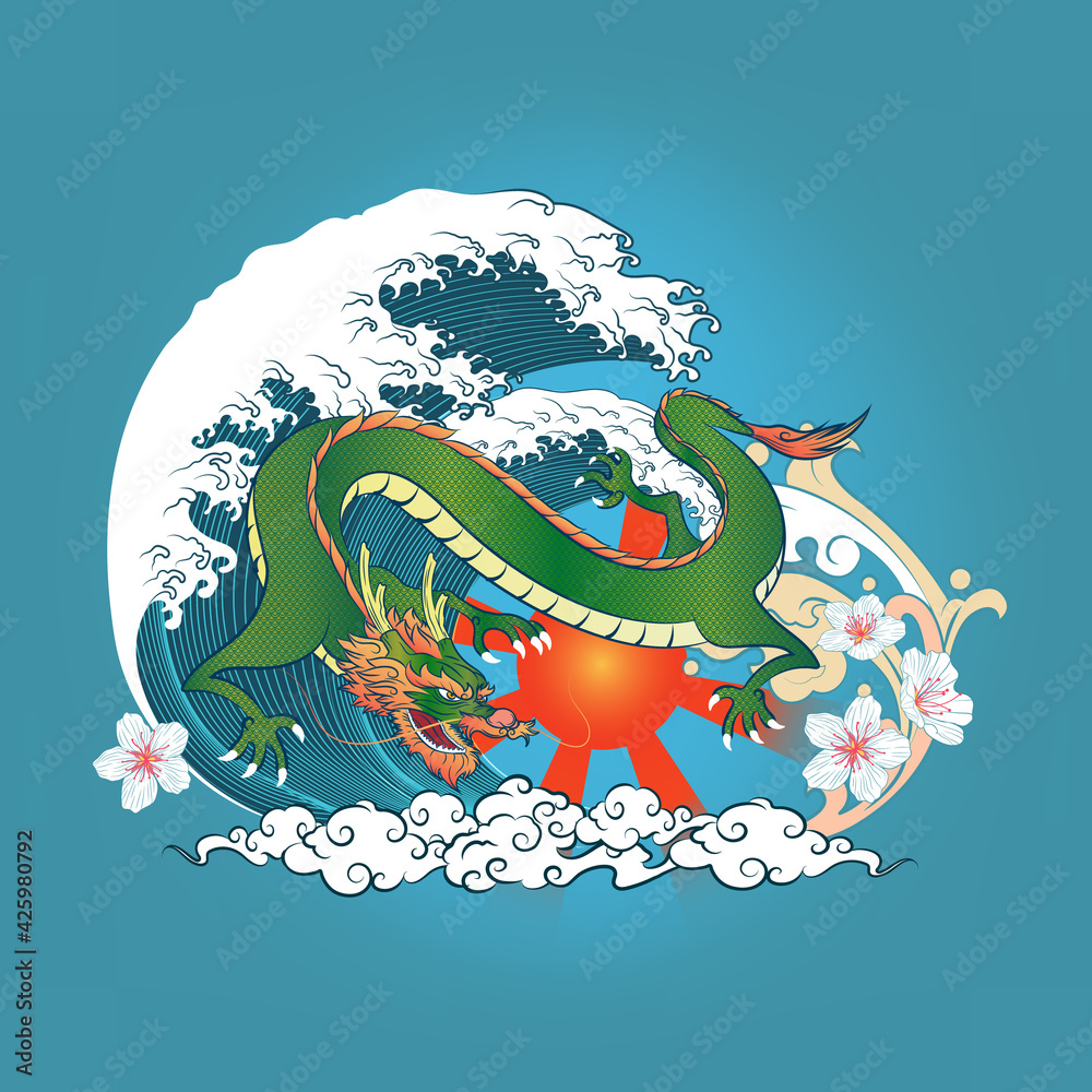 Abstract Art Flying Green Gradient Dragon with Sun with Radiant, Sakura ...