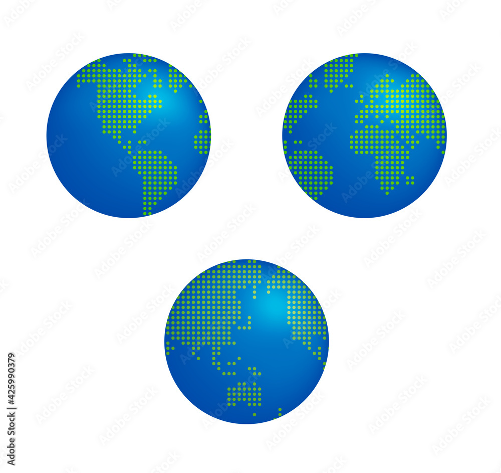 Earth (world map) drawn with round dots vector illustration set Stock ...