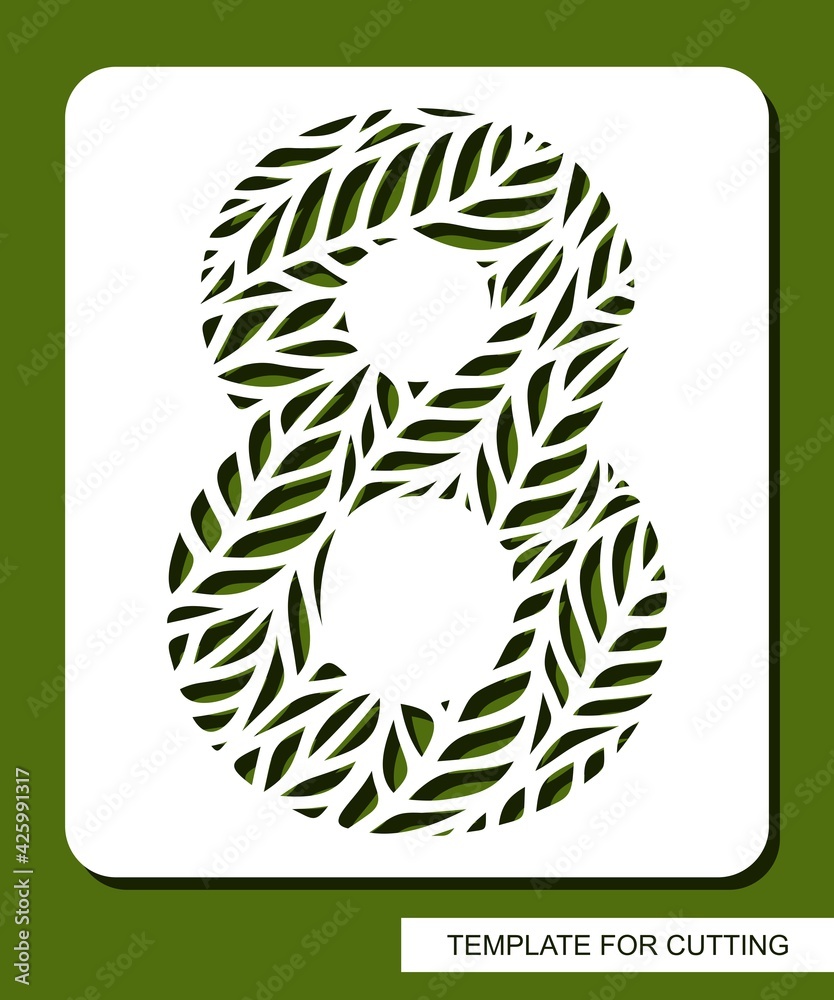 Stencil with the number eight - 8. Carved floral pattern of leaves ...