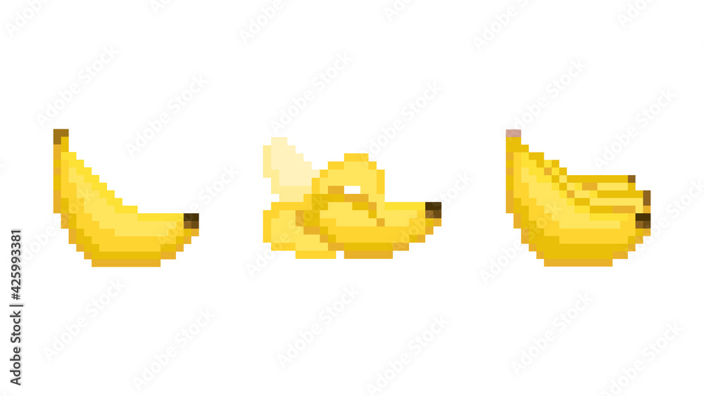 Pixel art banana icons set. Pixels 8 bit or 16 bit isolated bananas ...