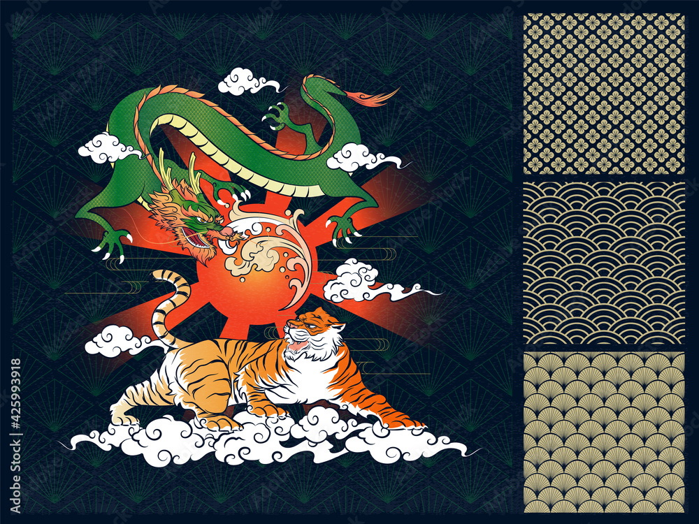 Abstract Art Japanese Flying Ferocious Green Dragon and Tiger Walking ...