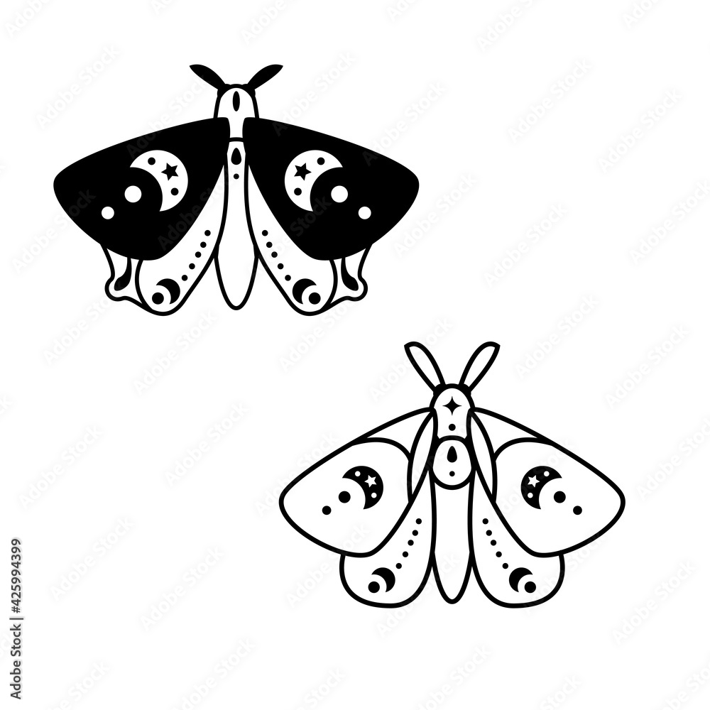 Hand drawn celestial moths. Magical outline clipart of insect. Alchemy ...