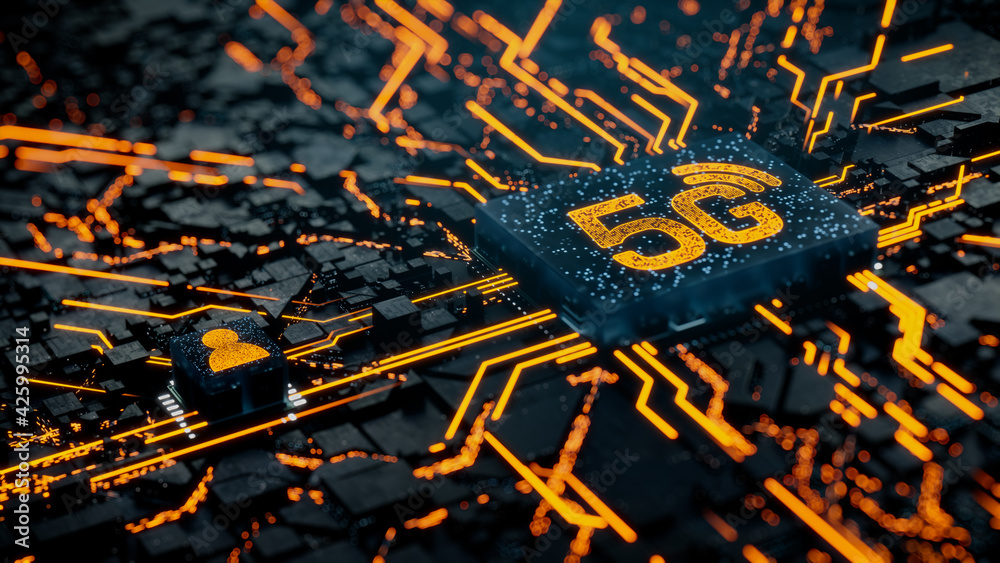 Wireless Technology Concept with 5G symbol on a Microchip. Orange Neon ...