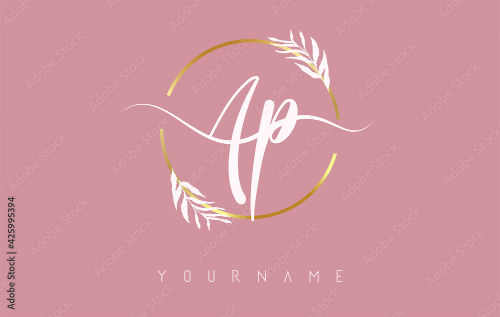 AP a p Letters logo design with golden circle and white leaves on ...